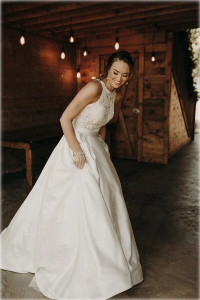 Satin Lace A-line Halter Illusion Neck Wedding Dress SW535 | Simidress