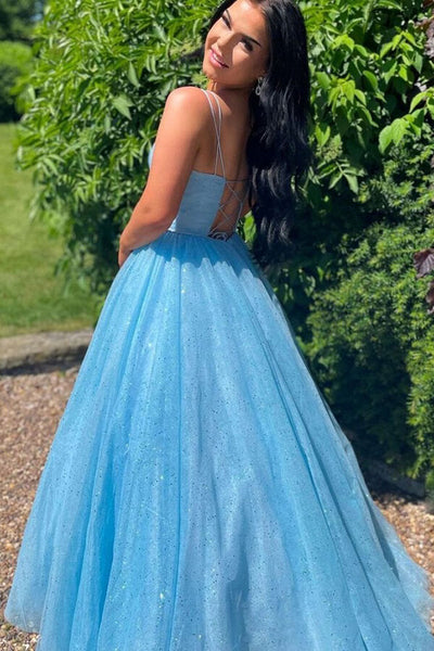 Sparkly Blue A line V-neck Lace up Long Prom Dresses SP752 | Simidress